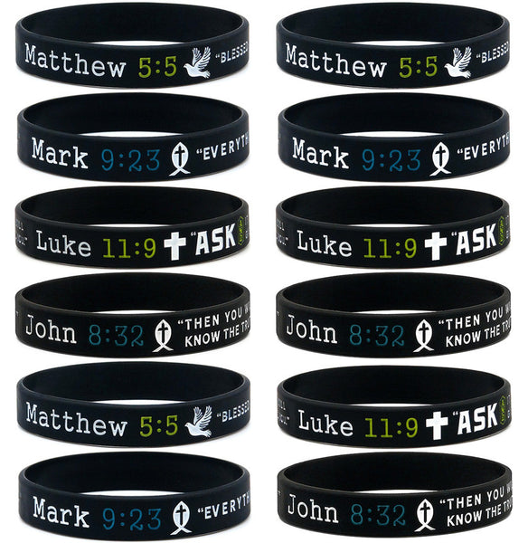 (12-pack) New Testament silicone bracelets w/ Bible Verses from the Fo ...