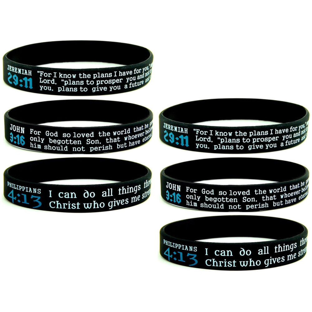 (6-pack) BIBLE WRISTBANDS - Philippians 4:13, Jeremiah 29:11, & John 3 ...